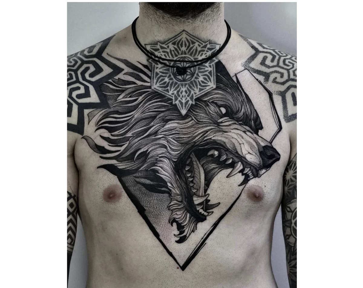 Alpha wolf wolf chest tattoo - Dmhtattoos.com